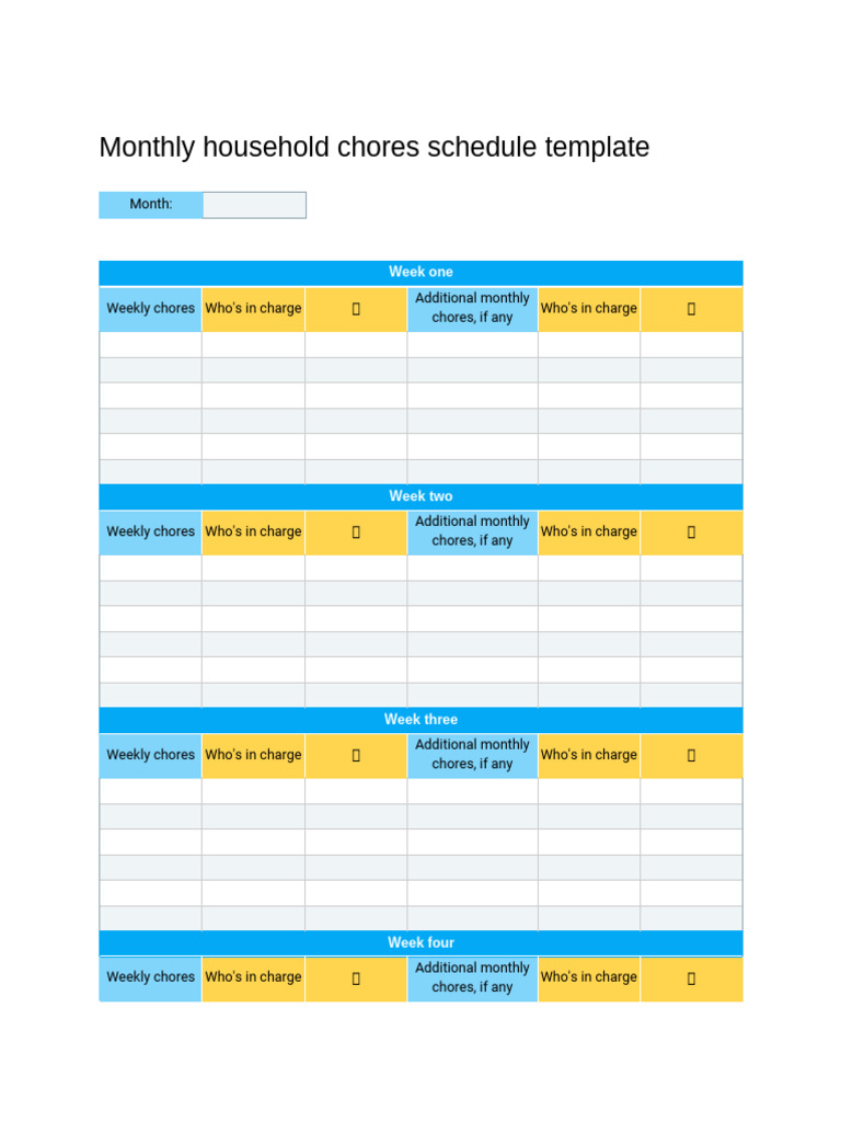 Monthly Household Chores Schedule Template | PDF