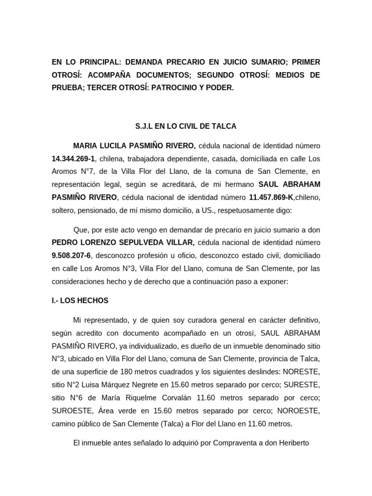 Demanda de Precario en Juicio Sumario | PDF | Propiedad | Ley común
