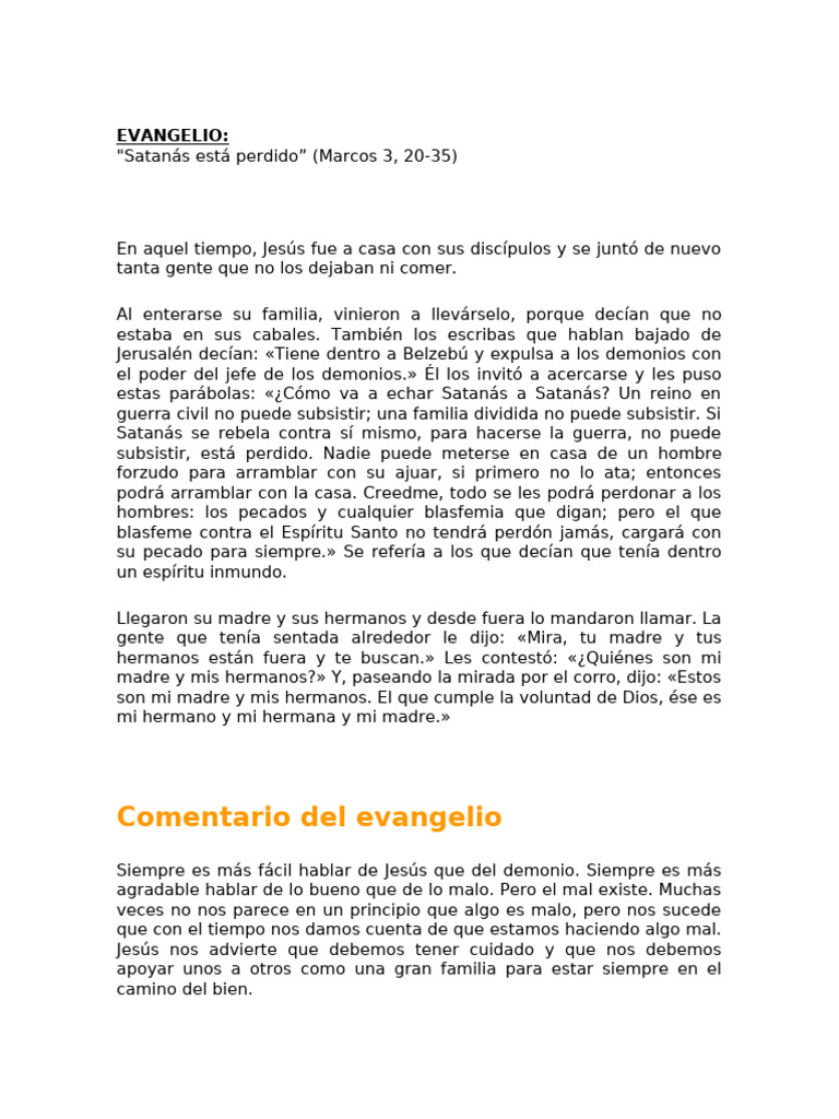 Evangelio San Marcos 3 20-35 | PDF | Satán | Pecado