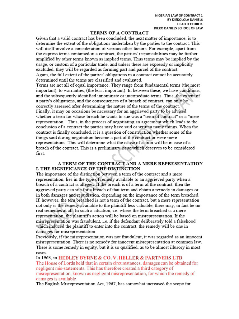 Terms of A Contract BY DIEKO DANIELS SCHOOL OF LAW-1 | PDF | Misrepresentation | Breach Of Contract