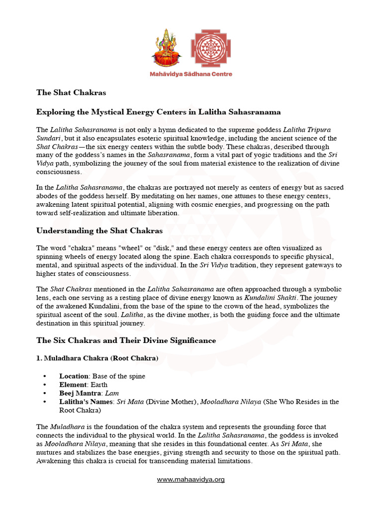 Exploring The Shat Chakras (Mystical Energy Centers) in Lalitha Sahasranama | PDF | Kundalini ...