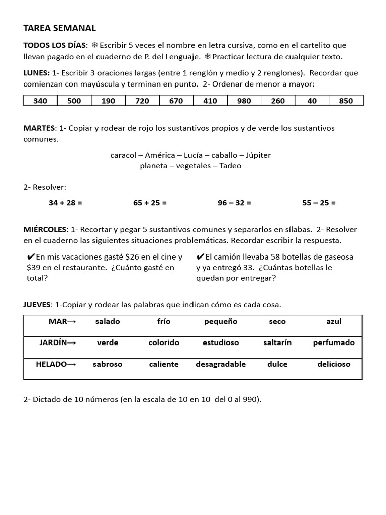 Tarea Semanal de Lenguaje y Matemáticas | PDF | Cocina, comidas y vino ...