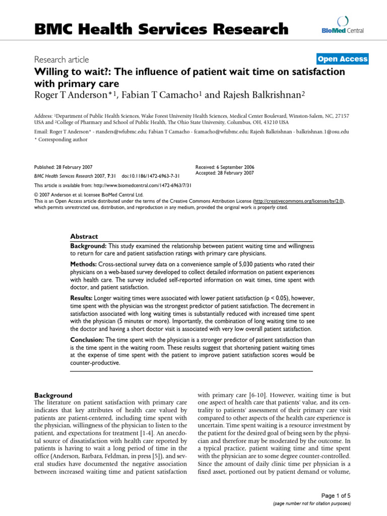BMC Health Services Research: Willing To Wait?: The Influence of Patient Wait Time On ...