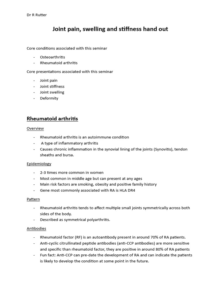Joint Pain, Swelling and Stiffness Hand Out | PDF | Rheumatoid ...