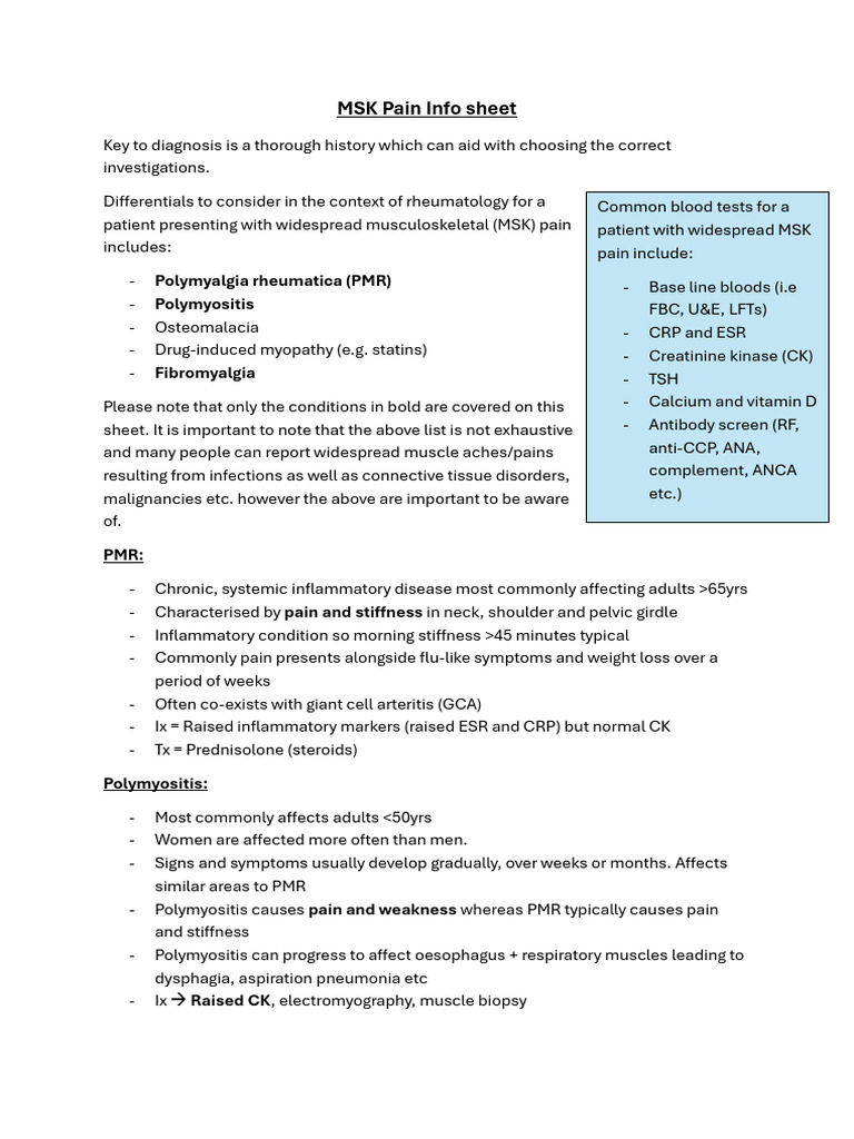 MSK Pain Info Sheet | PDF | Human Diseases And Disorders | Diseases And ...
