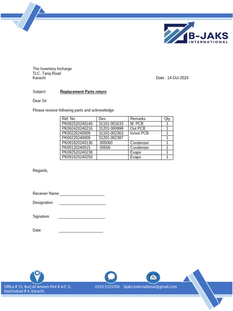 Replacement Parts Return Acknowledgment | PDF