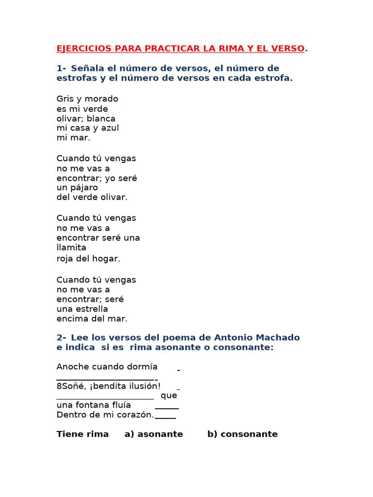 Ejercicios para Practicar La Rima y El Verso | PDF
