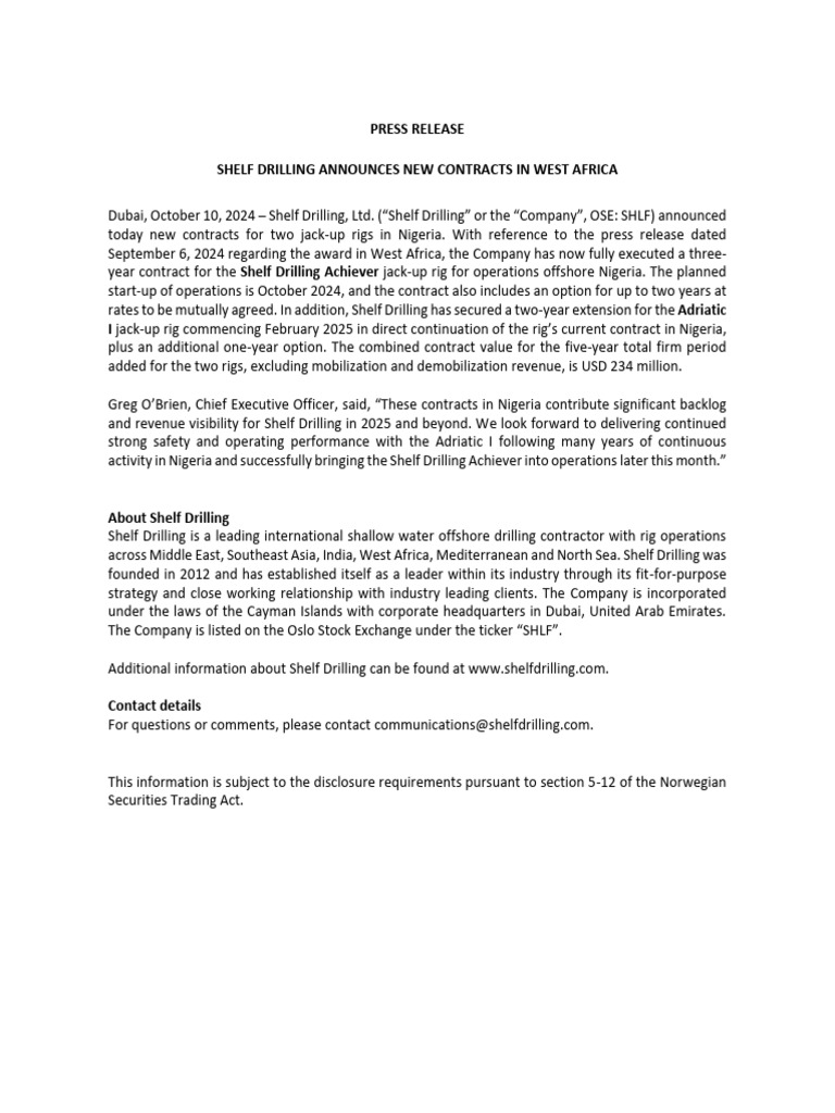Shelf Drilling Announces New Contracts in West Africa VF | PDF