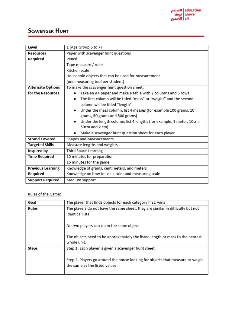 Scavenger Hunt | PDF | Weight | Volume