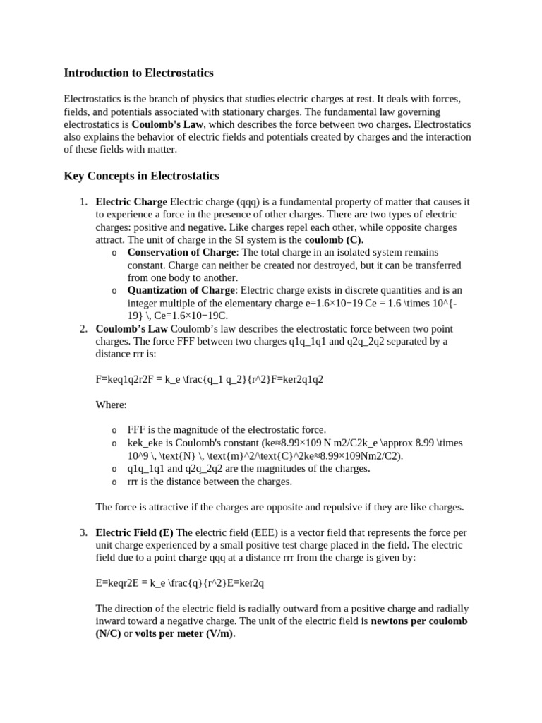 Introduction To Electrostatics | PDF | Electric Field | Electric Charge