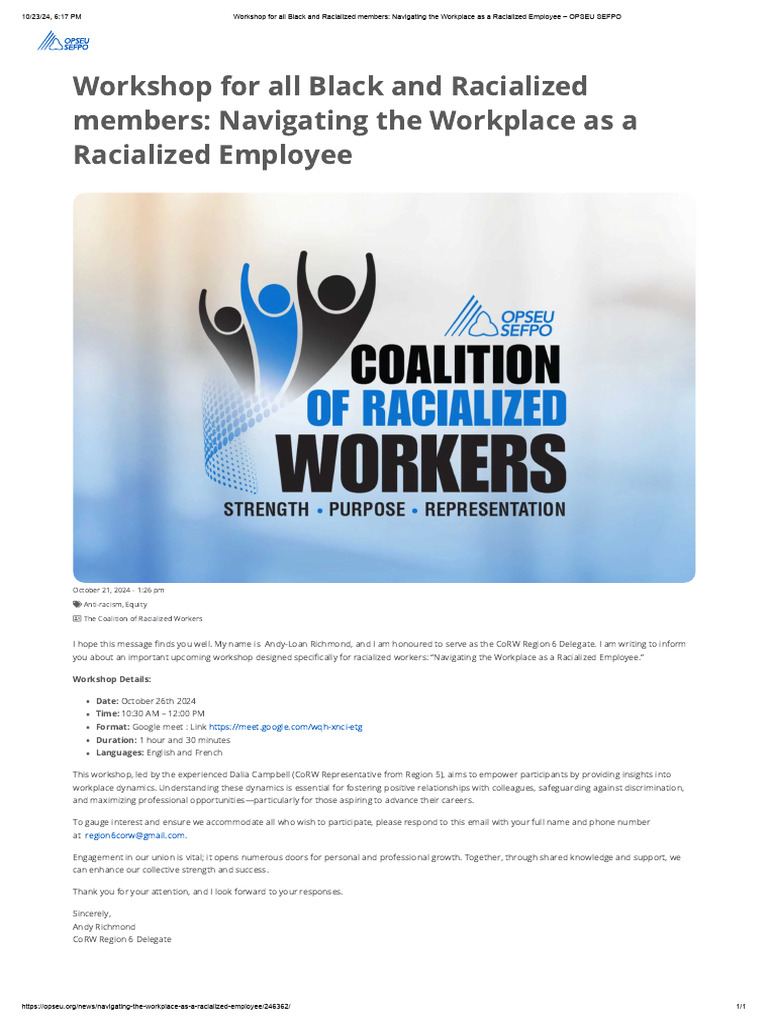 Workshop For All Black and Racialized Members - Navigating The ...