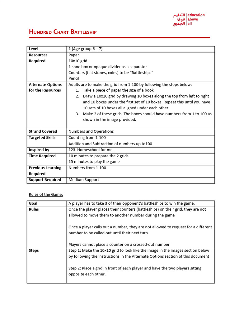 Hundred Chart Battleship | PDF