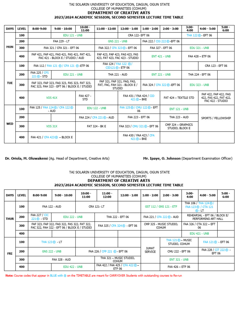 Approved - 2023-2024 - TIMETABLE - ACADEMIC SESSION, SECOND SEMESTER | PDF