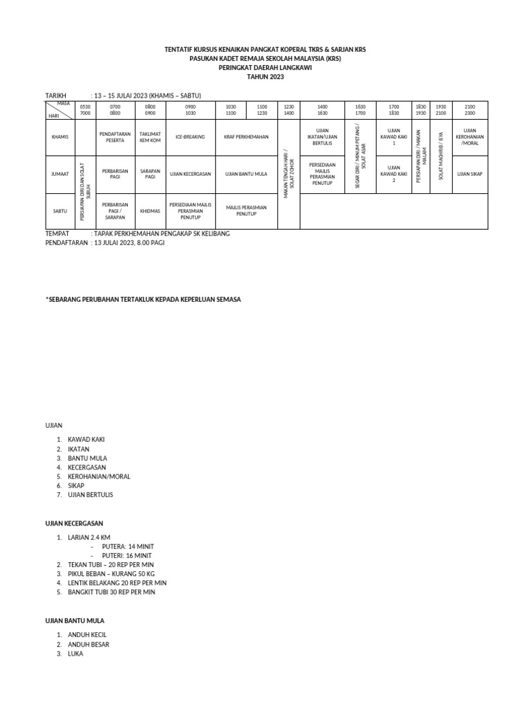 Tentatif Program Kursus Kenaikan Pangkat Koperal Tkrs Dan Sarjan Krs ...