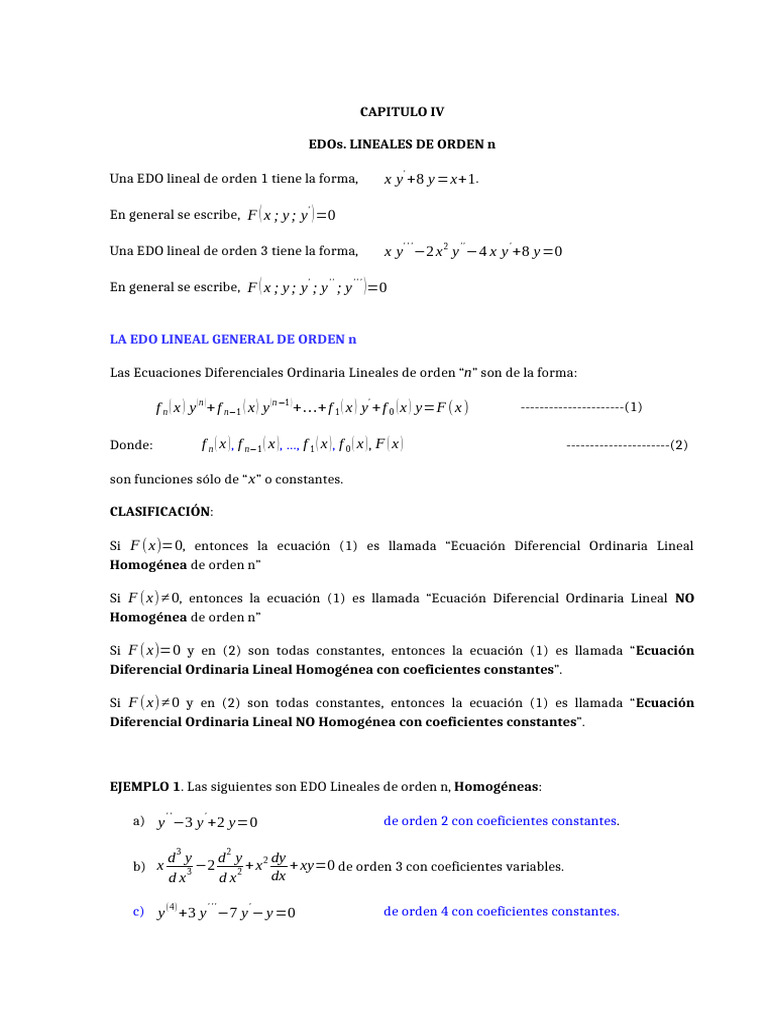 2 EDOs Parte 2 Sem 4 Orden N | PDF | Ecuación diferencial ordinaria | Ecuaciones