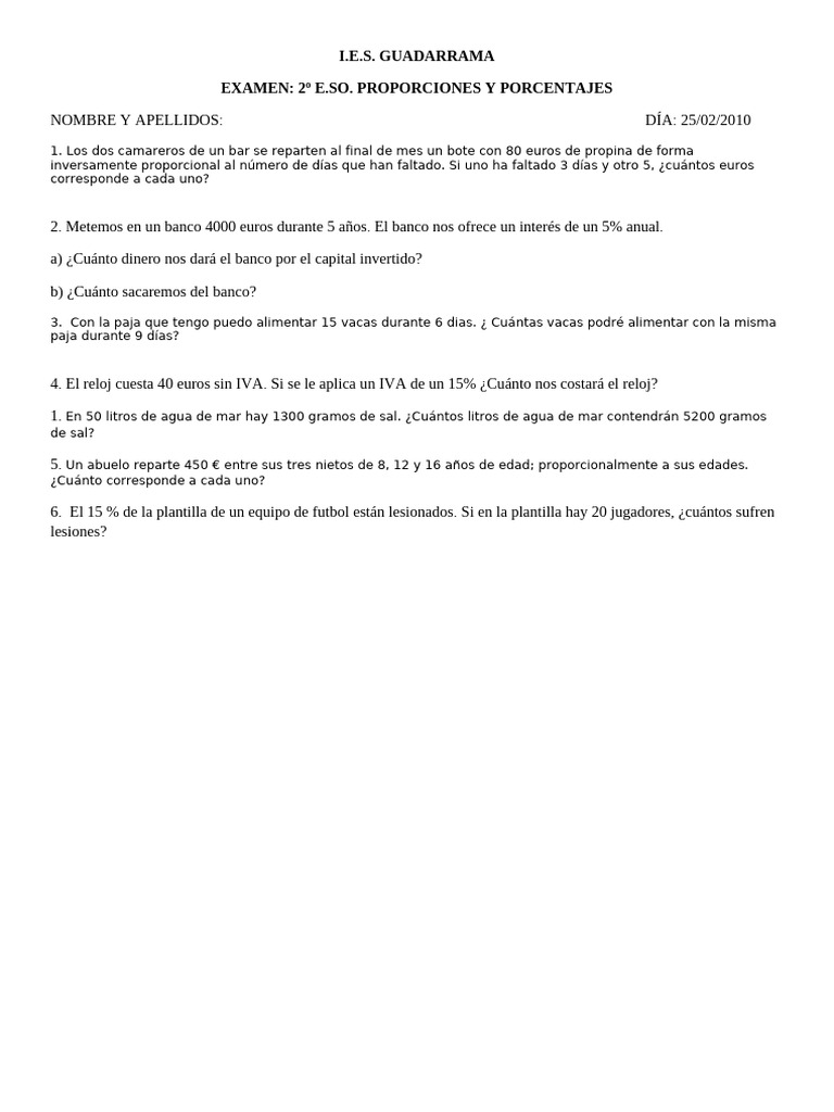 04 2 - ESO - Proporciones y Porcentajes | PDF