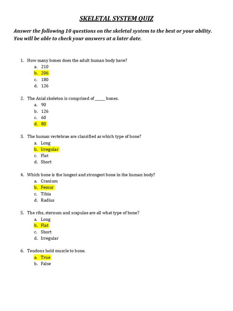 Skeletal System Quiz Answers | PDF