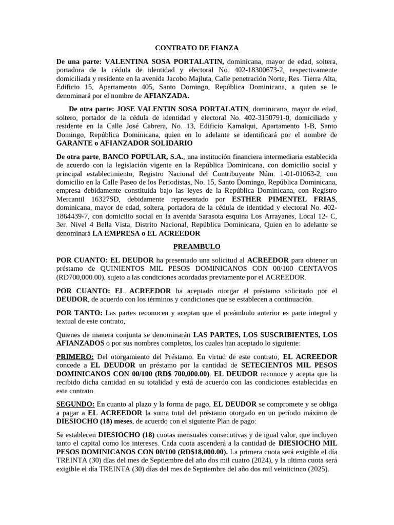 Contrato de Fianza | PDF | Pagos