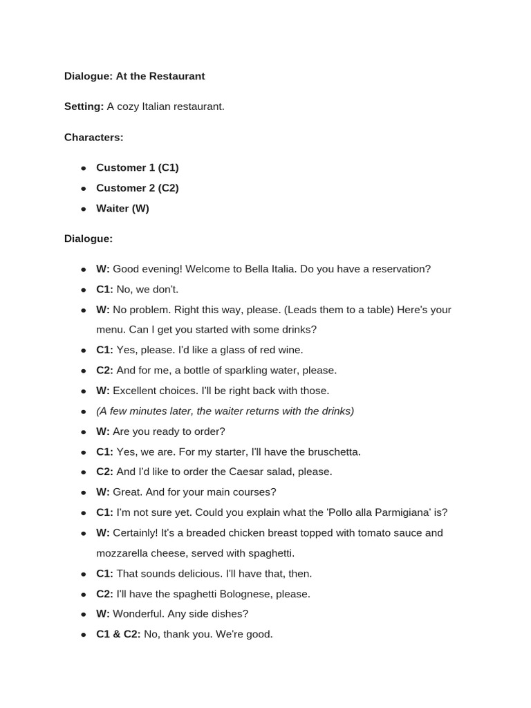 Dialogue - at The Restaurant - Lesson 4 - Ordering Food and Drinks | PDF