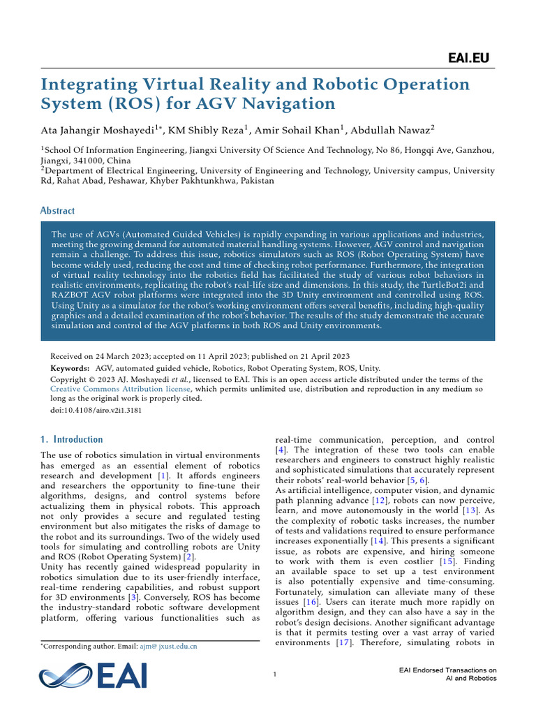 13th - April - Reza - Paper - EIA - PAPER - v2 - ROS AGV Simulation | PDF | Simulation | Robotics