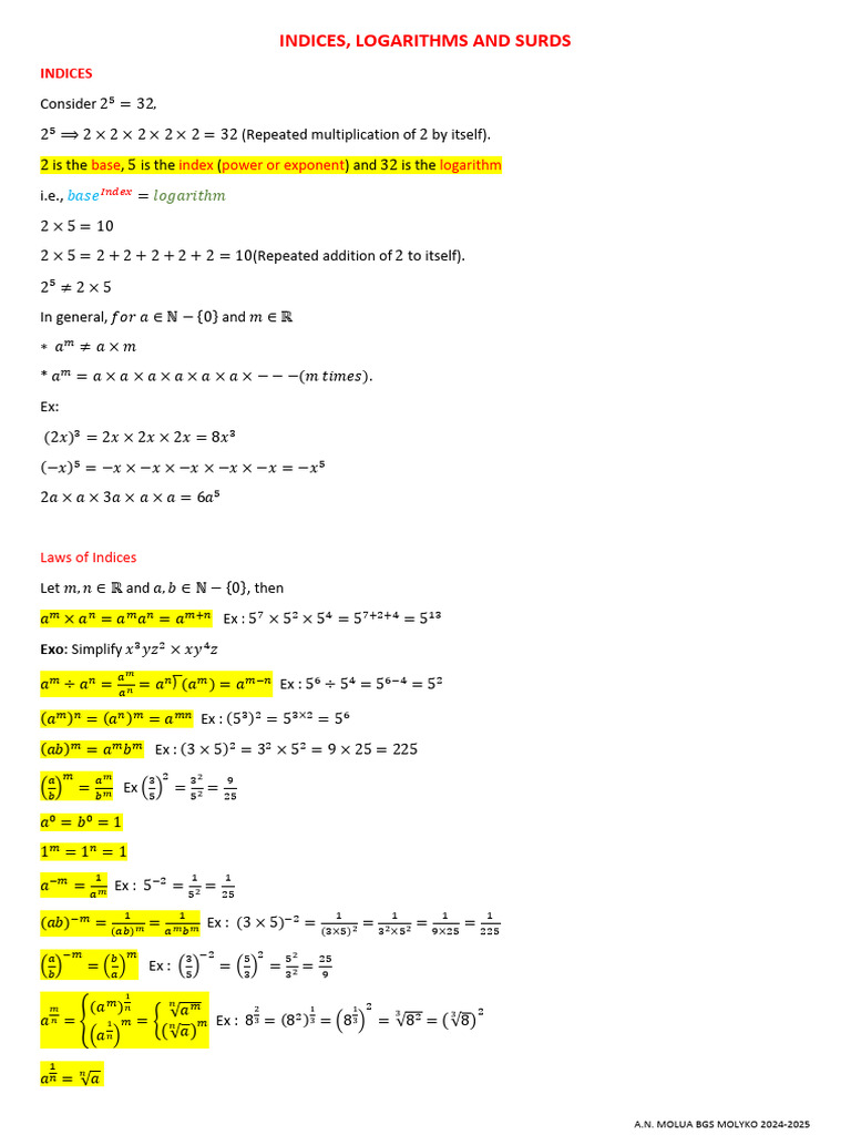 Indices Logarithms And Surds 2024 2025 Pdf Decimal Logarithm