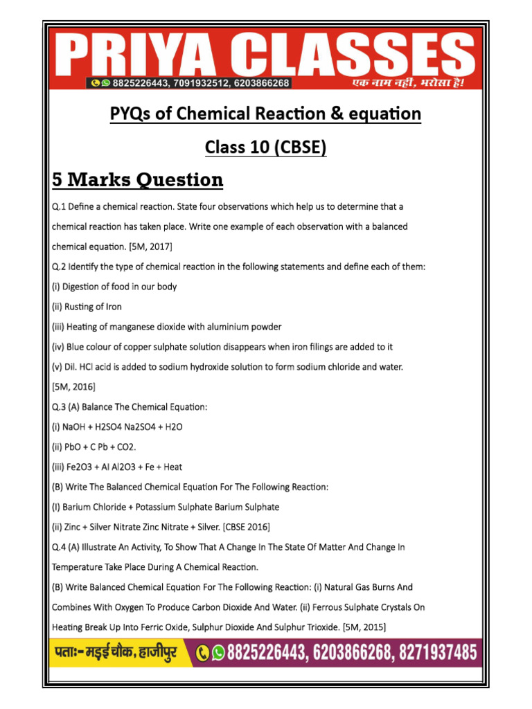 5 Mark Questions on Chemical Reactions | PDF