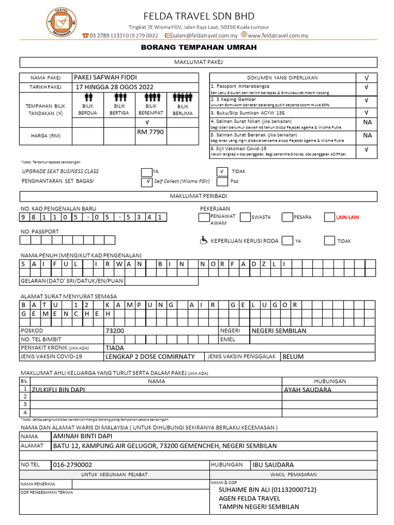 Borang Umrah Felda Travel 2022 Saiful Irwan Norfadzli | PDF