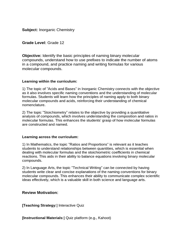 Naming Covalent Compound Lessonplan | PDF | Chemical Compounds | Chemistry