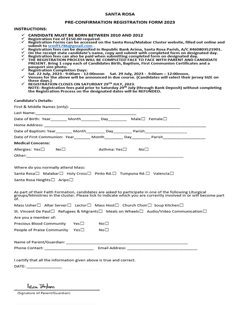 Pre Confirmation Form | PDF | Christian Worship And Liturgy | Catholic Liturgy