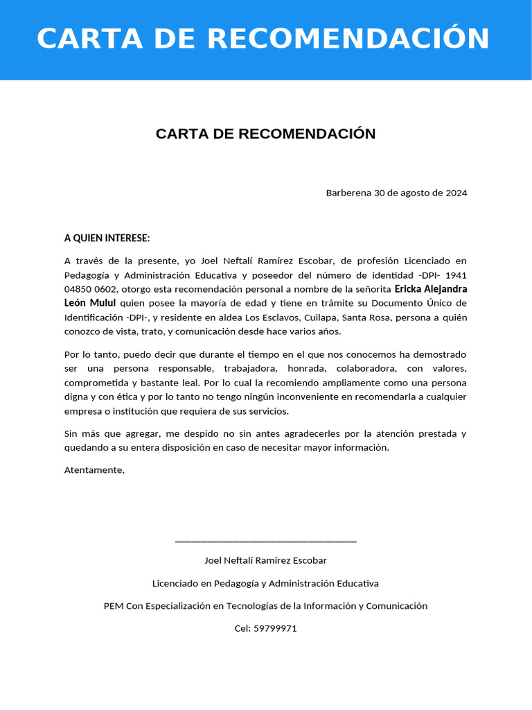 Carta de Recomendacion Beberly | PDF