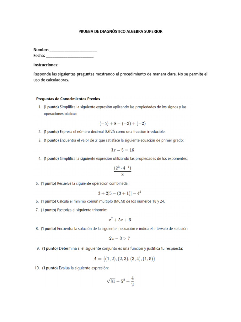 Prueba Diagnóstica Álgebra Superior | PDF