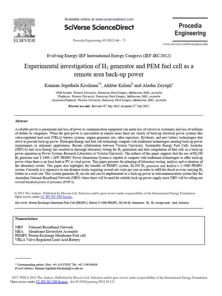 Experimental Investigation of H2 Generator and PEM Fuel Ce - 2012 - Procedia Eng | PDF | Fuel ...