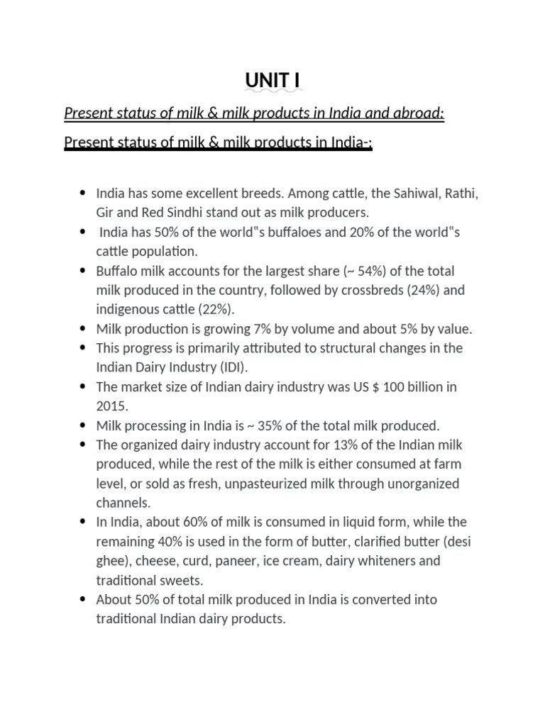 UNIT I Technology of Milk | PDF | Milk | Dairy