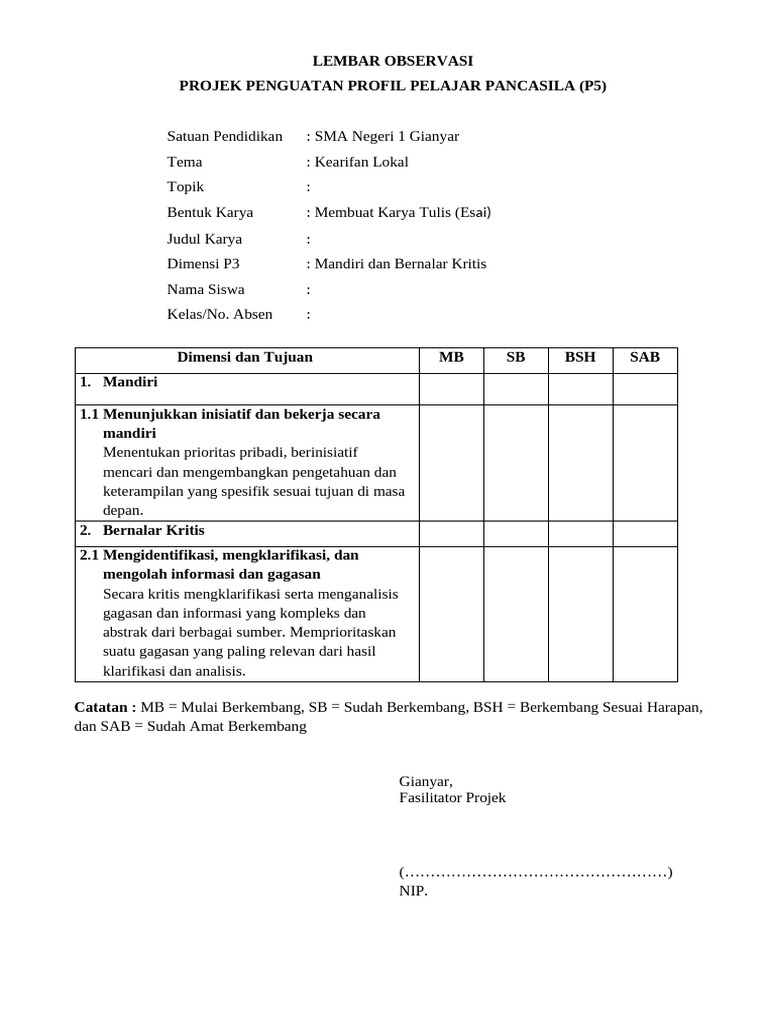 Lembar Observasi Dan Penilaian P5 Kearifan Lokal 2425 | PDF