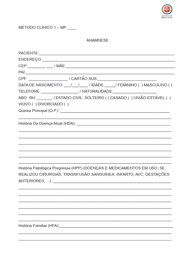 Formulário de Anamnese Médica | PDF | Doenças e distúrbios | Ciências ...