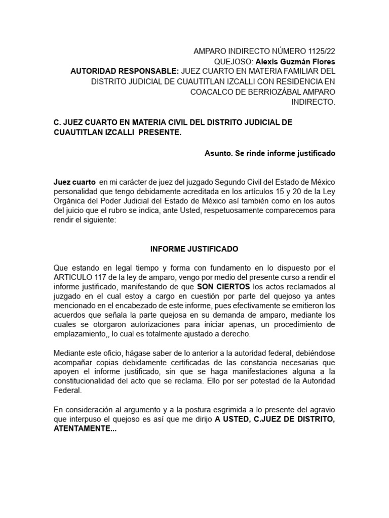 Informe Justificado de Amparo Indirecto | PDF | Judicaturas | Juez