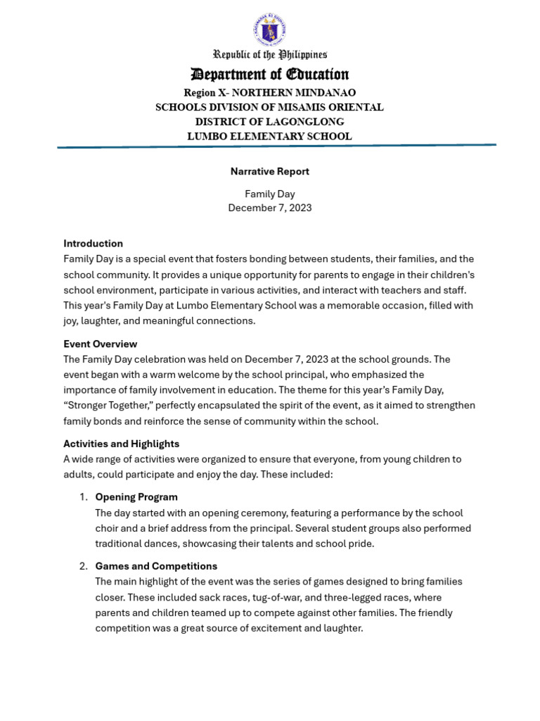 Narrative Report Family Day | PDF | Social Science | Wellness