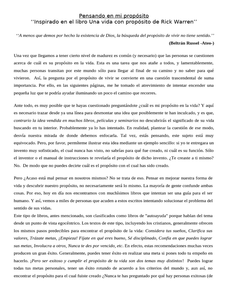 Pensando en Mi Propósito | PDF | Dios | Significado de la vida