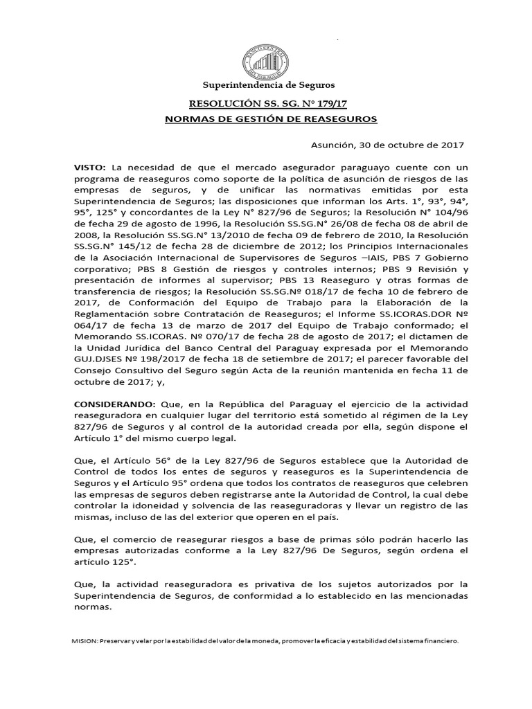 2017 10 30-Res SS - SG.N 179 17-Normas de Gestion de Reaseguros | PDF | Reaseguro | Seguro