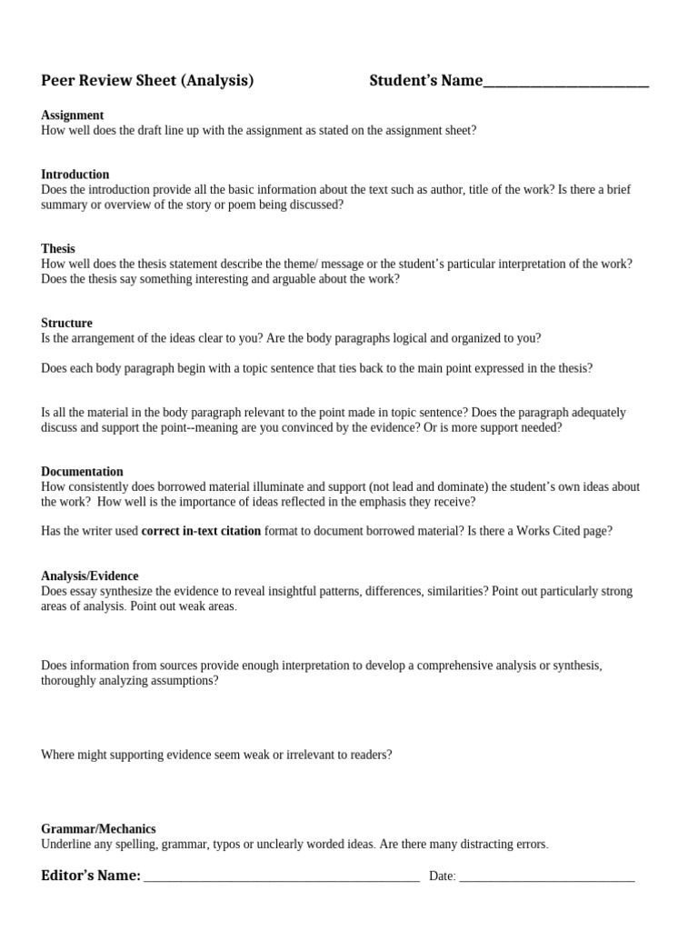 Peer Review Sheet-Analysis | PDF | Career & Growth | Language Arts ...