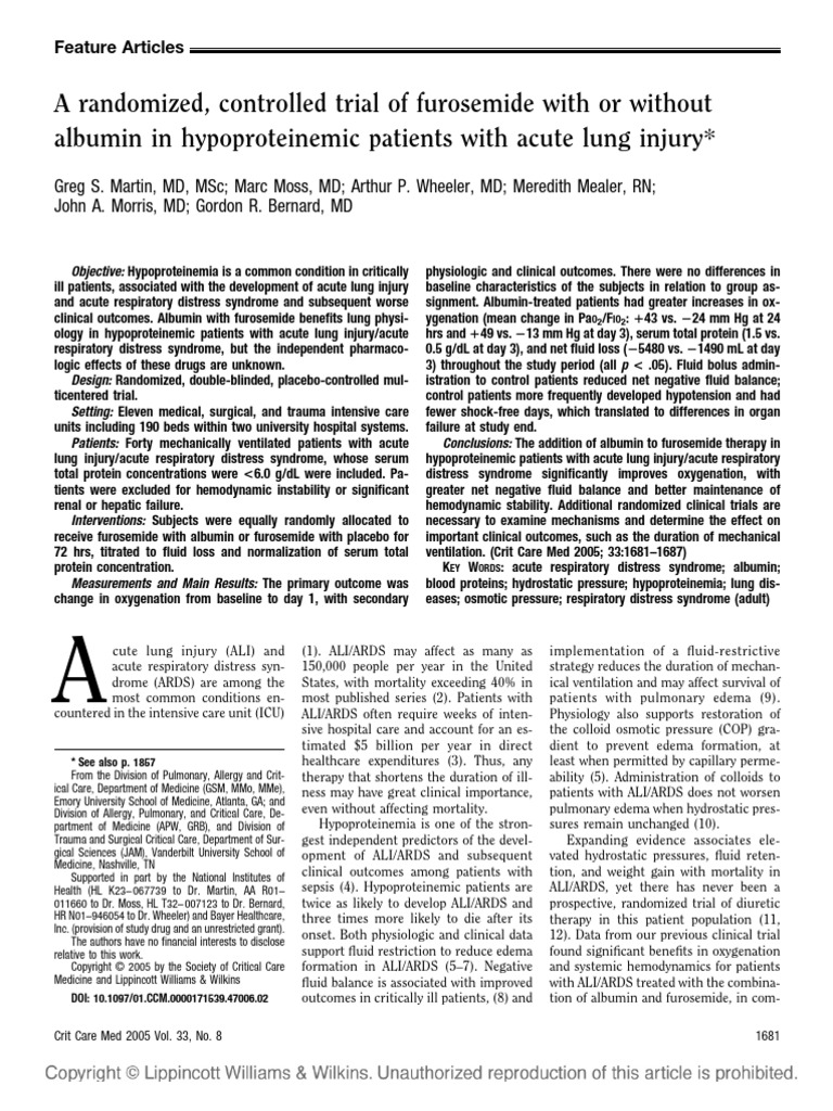 Albumin Furosemide ALI | PDF | Causes Of Death | Medicine