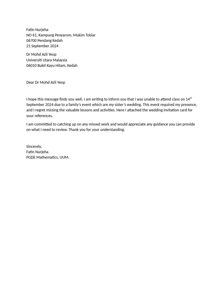 Letter Absence DR Azli Yeop | PDF