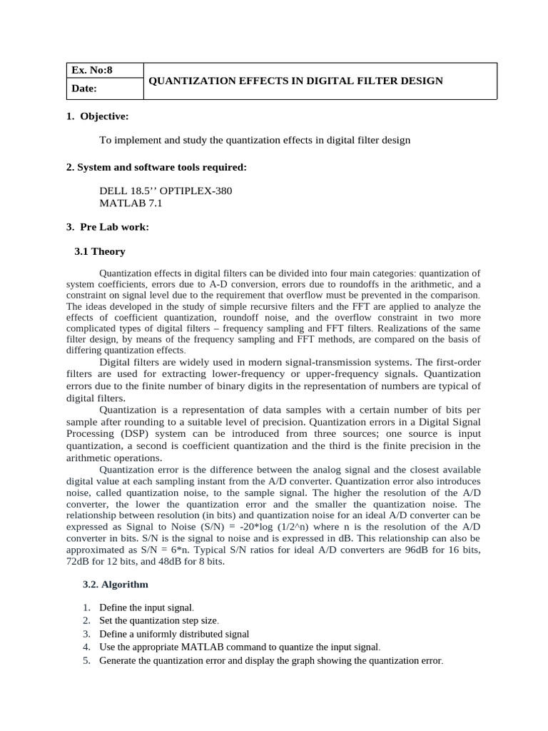 Exp 7 Quantization Effects Pdf Signal To Noise Ratio Analog To Digital Converter