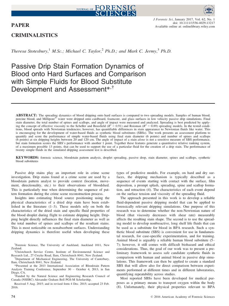 Blood Drip Stain Dynamics Study | PDF | Viscosity | Drop (Liquid)