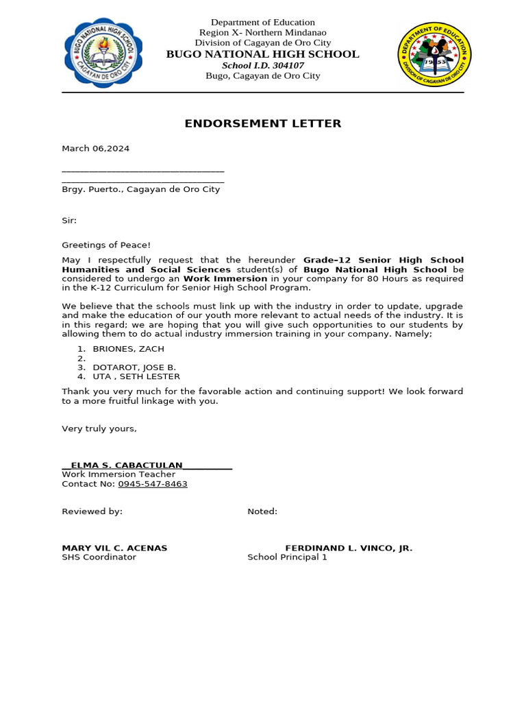 Endoresement Letter | PDF