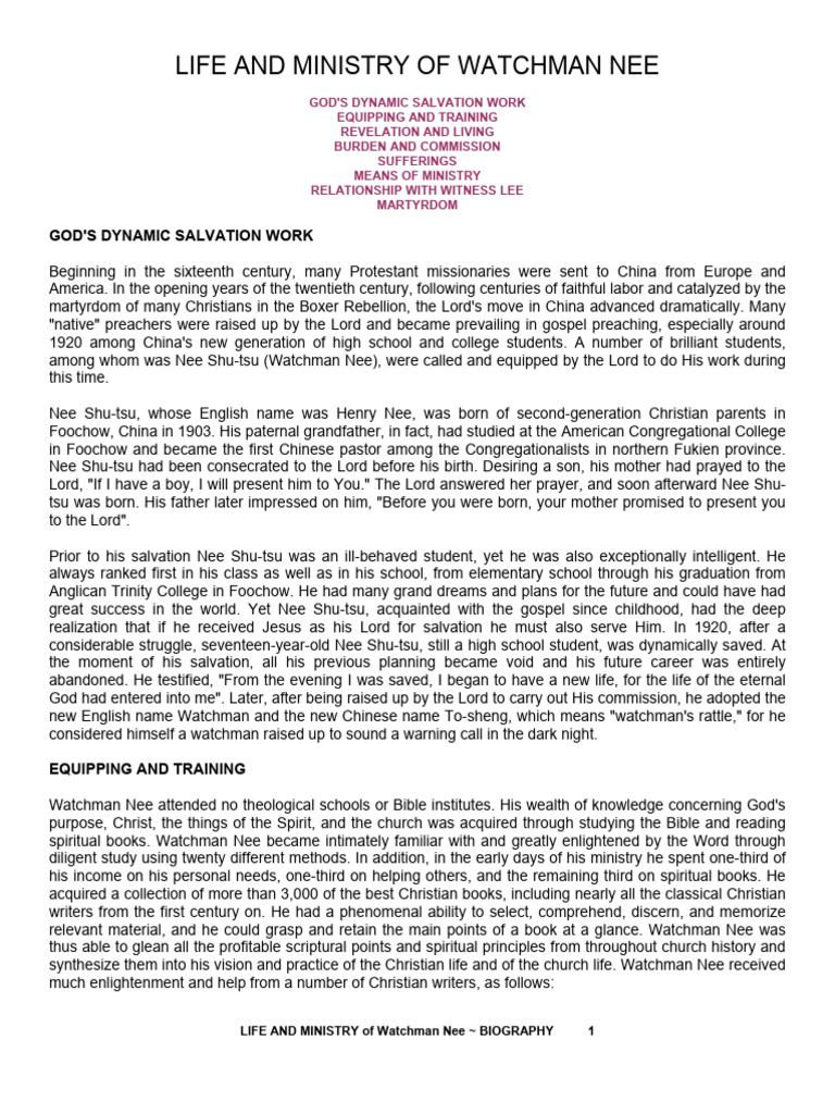 Life and Ministry of Watchman Nee: God'S Dynamic Salvation Work | PDF ...