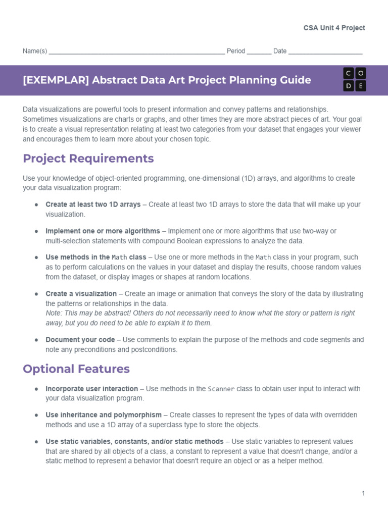 (EXEMPLAR) CSA Unit 4 Abstract Data Art Project Planning Guide | PDF ...
