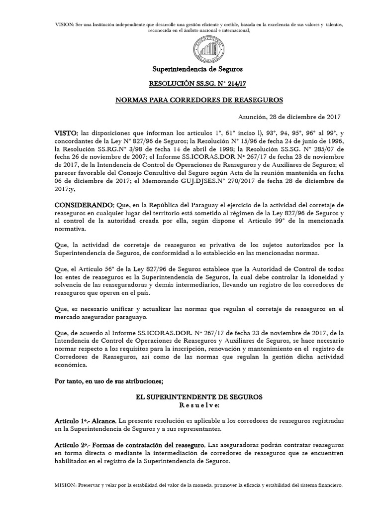 2017 12 28 Res SSSGN 214 17 Normas Corredores Reaseguros | PDF | Reaseguro | Seguro