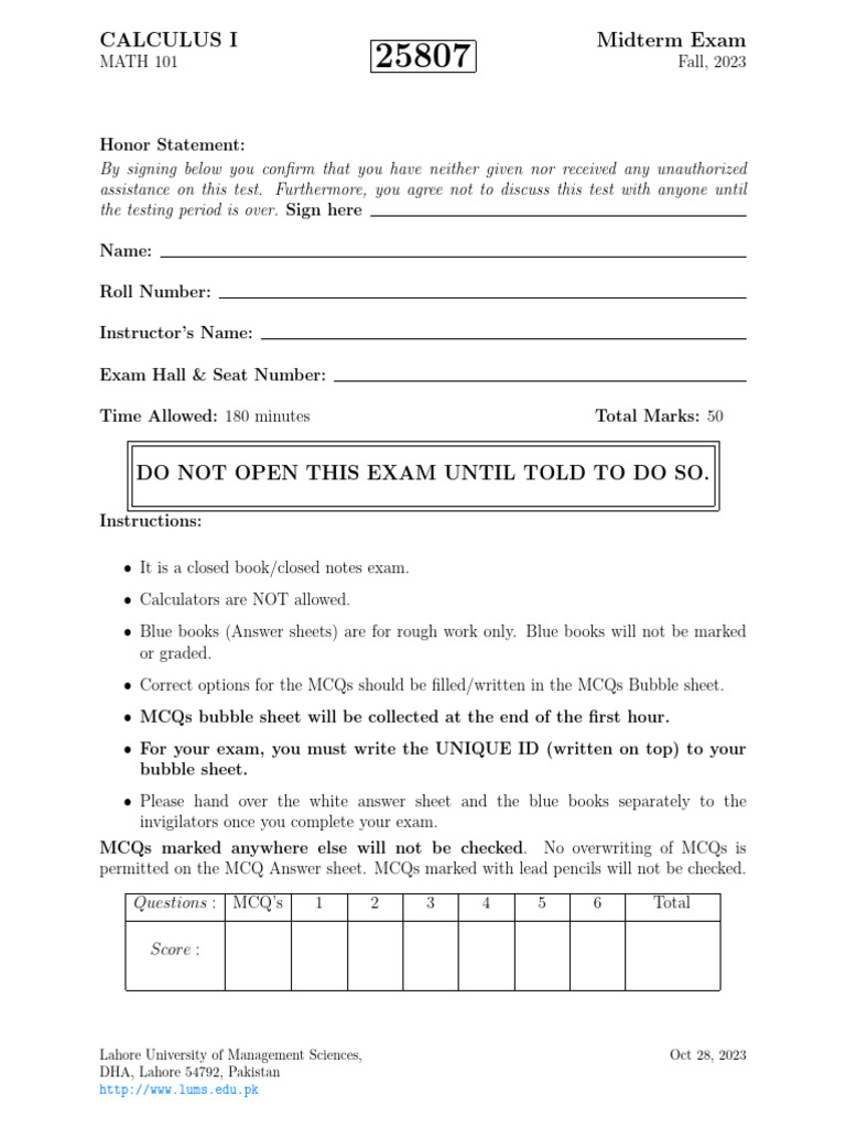 Exam Cal Fall 23 v3 Version2 | PDF | Multiple Choice | Function (Mathematics)