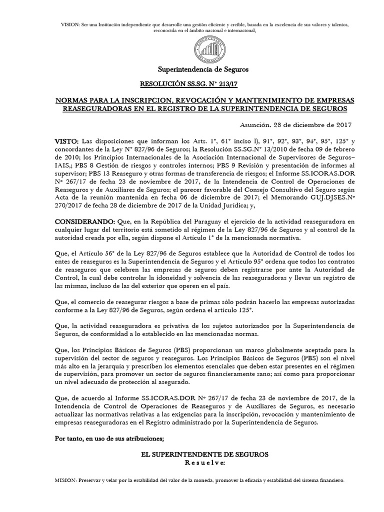 2017 12 28 Res SSSGN 213 17 Normas Registro Reaseguradoras | PDF | Reaseguro | Seguro